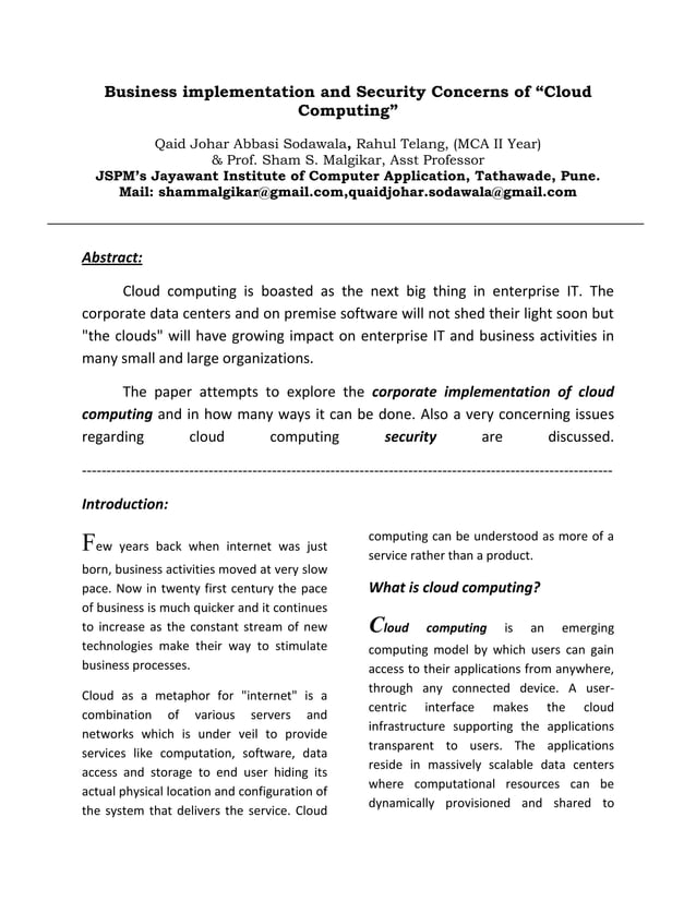 Business implementation of Cloud Computing | DOCX | Cloud Computing | Internet