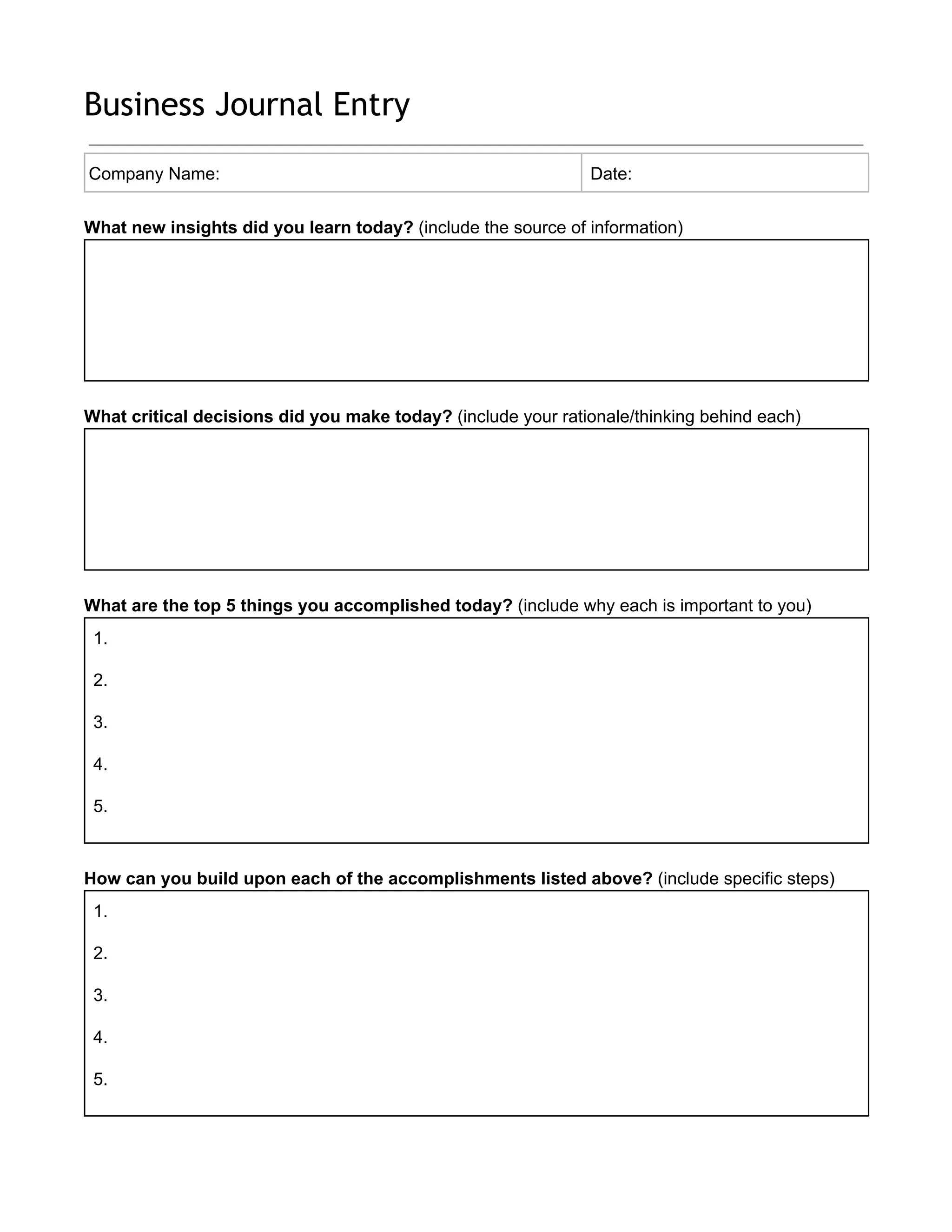 Business Journal - Daily Entry Template | PDF