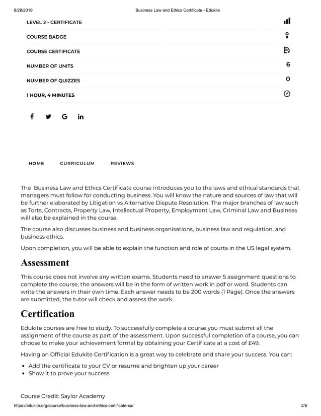 Business Law and Ethics Certificate - Edukite | PDF | Education industry | Industries