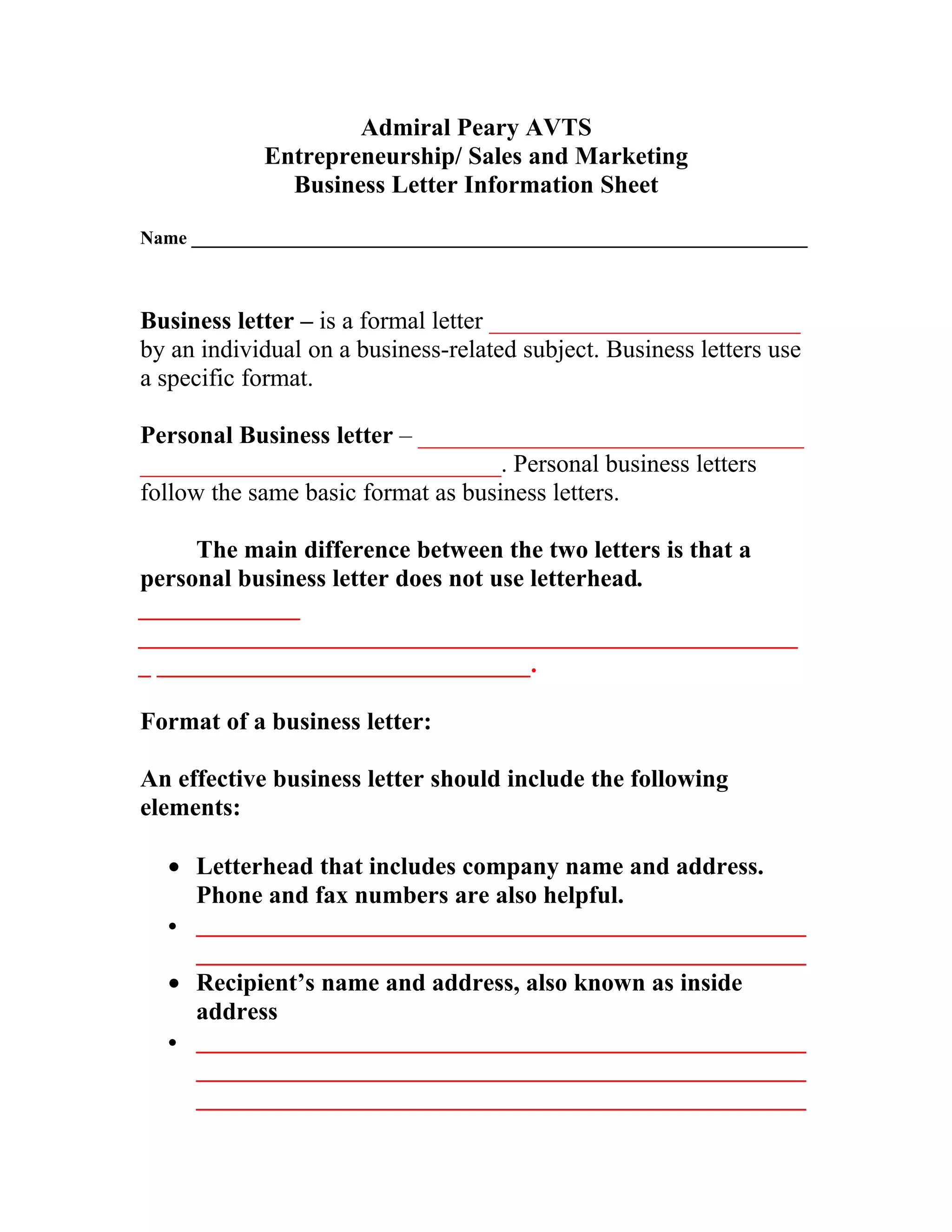 Business Letter Information Sheet Student Copy | DOC