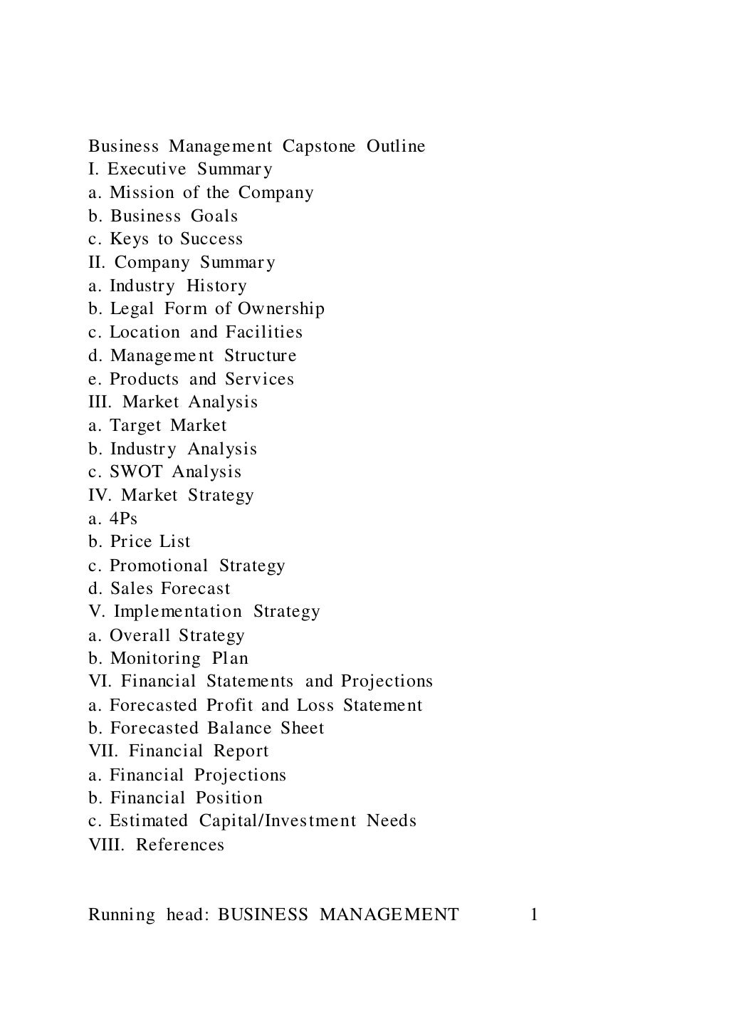 Business Management Capstone OutlineI. Executive Summarya. Mi | PDF