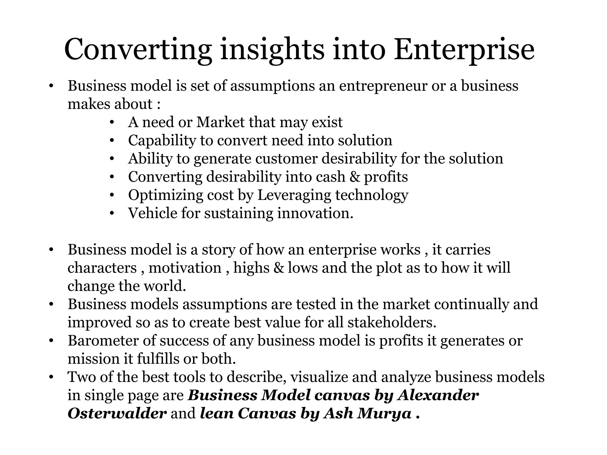 Business model tools of converting insights into enterprise | PPT
