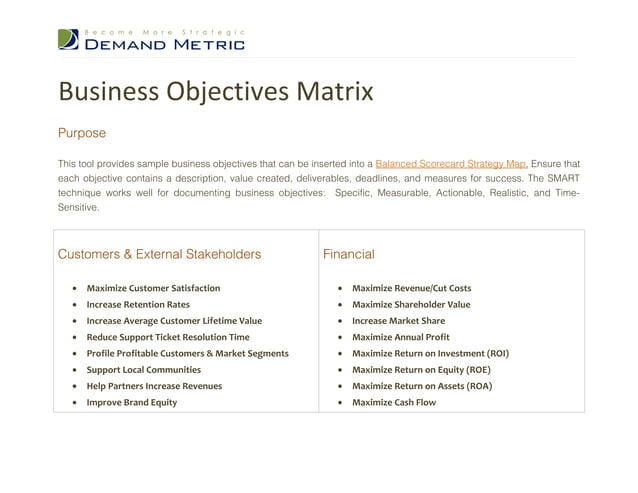 Business Objectives Matrix | DOC | Business Accounting & Finance | Business