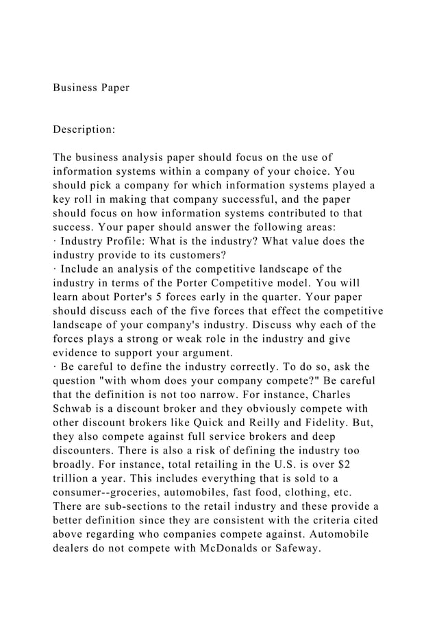 Business PaperDescriptionThe business analysis paper sh.docx