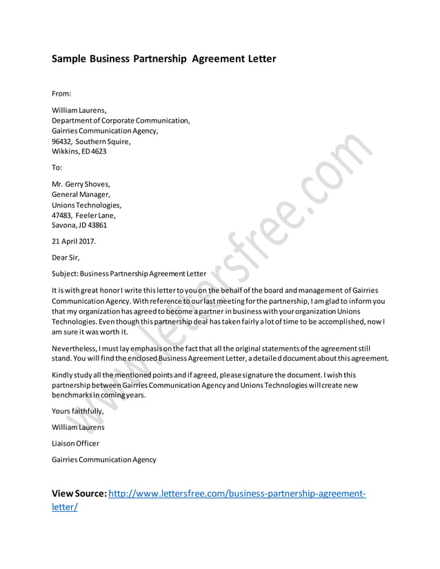 Business Partnership Agreement Letter Template | DOCX