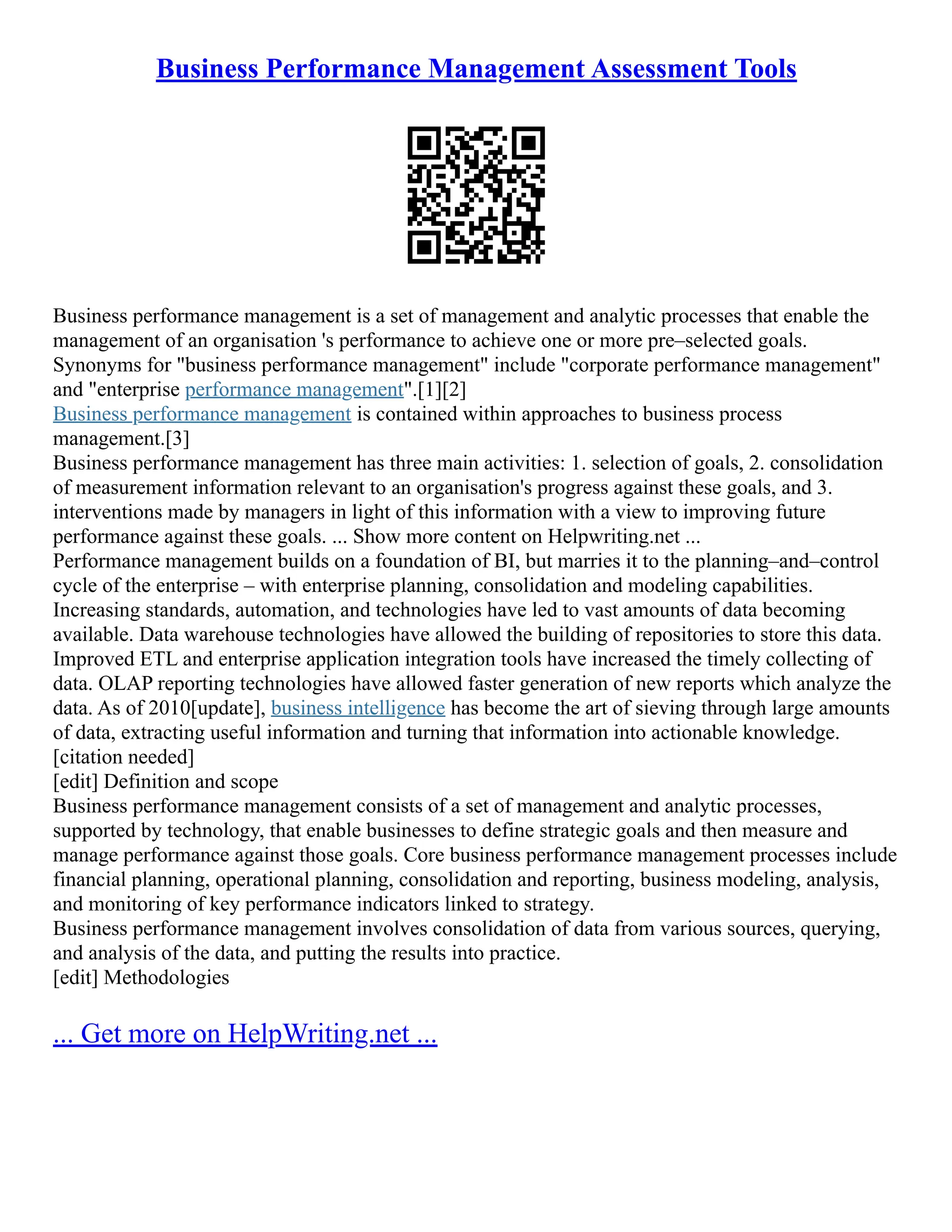 Business Performance Management Assessment Tools | PDF