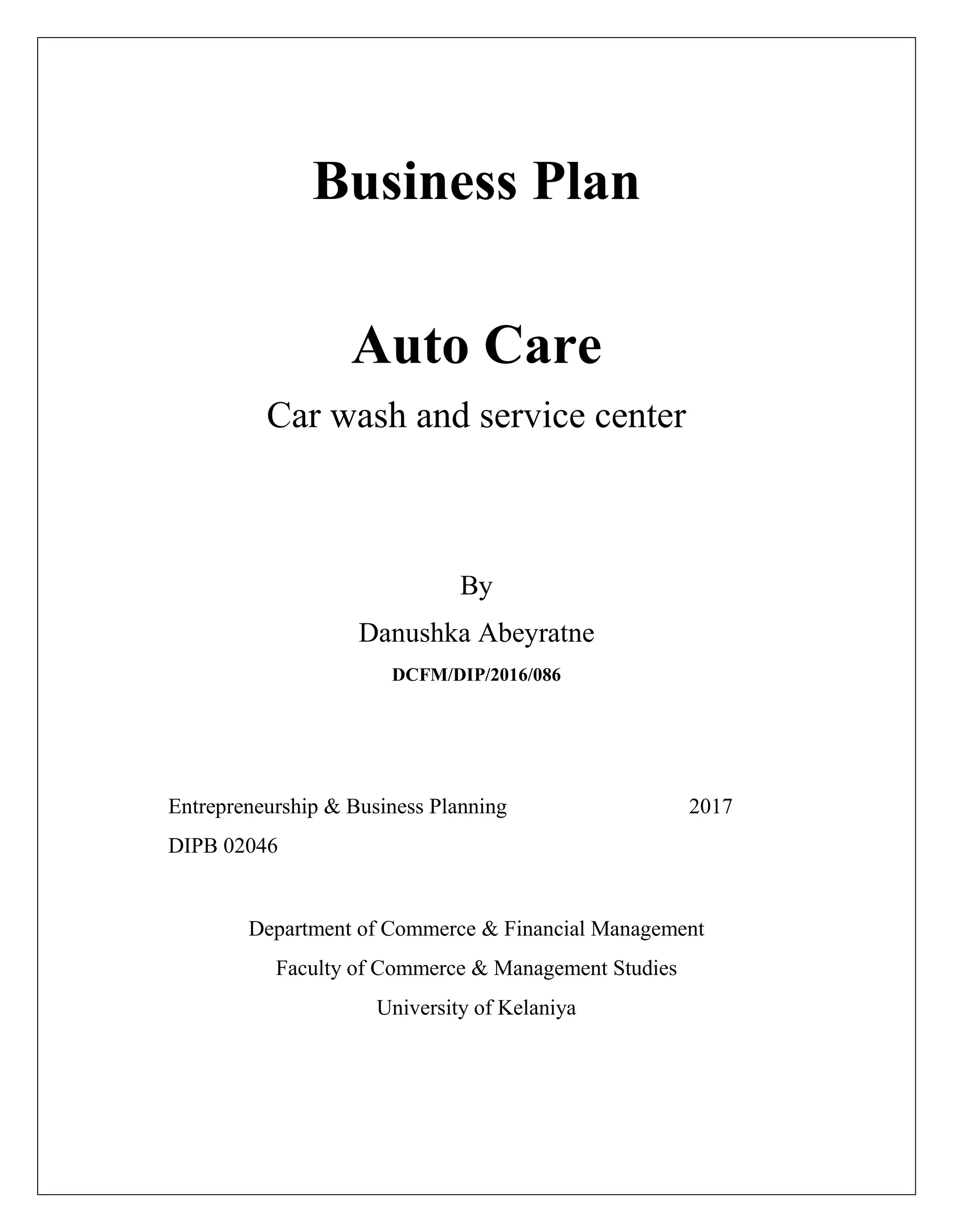 Auto care - Business plan | PDF