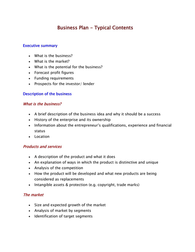 Complete Business plan contents | DOCX