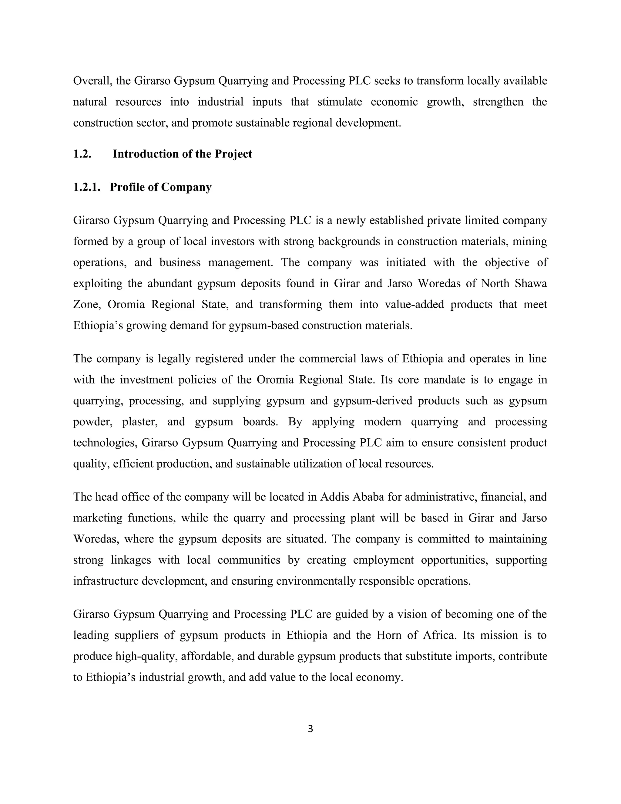 Business Plan for Gypsum Quarrying and Processing Plant in Girar and ...