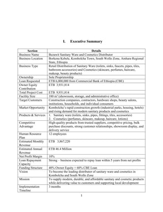 Business Plan for Sanitary Ware and Cosmetics Retail Trade in Kombolcha ...