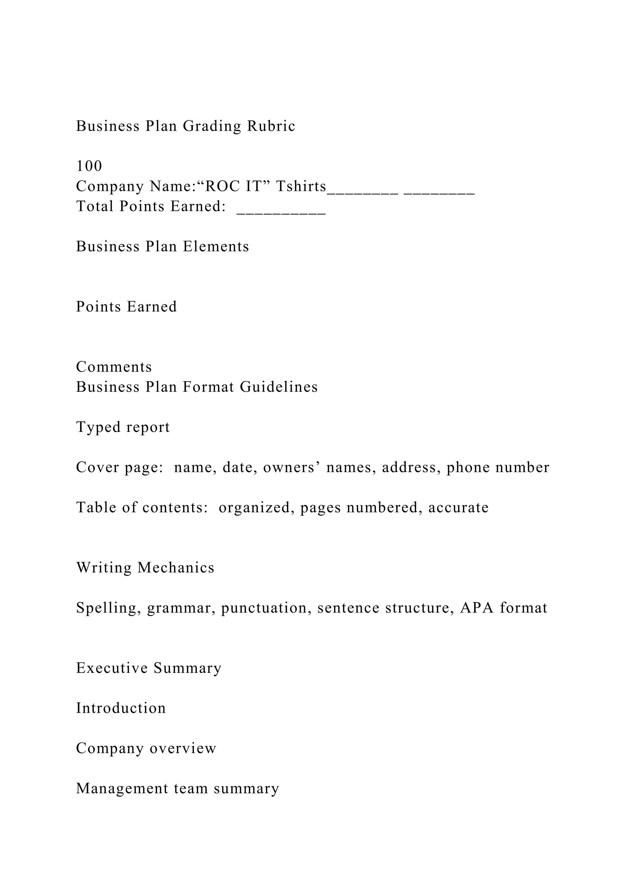 Business Plan Grading Rubric100Company NameROC IT” Tshirts.docx