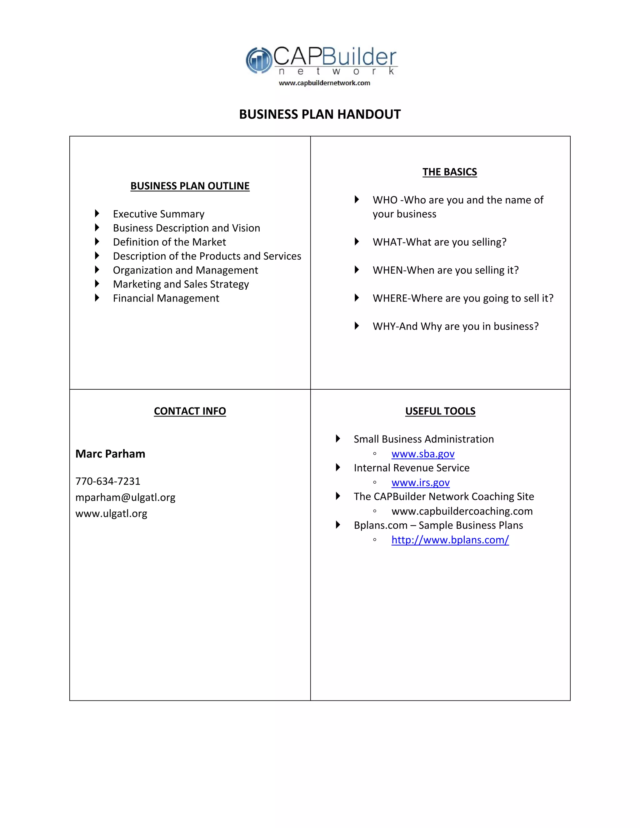 Business Plan Workshop Handout | PDF
