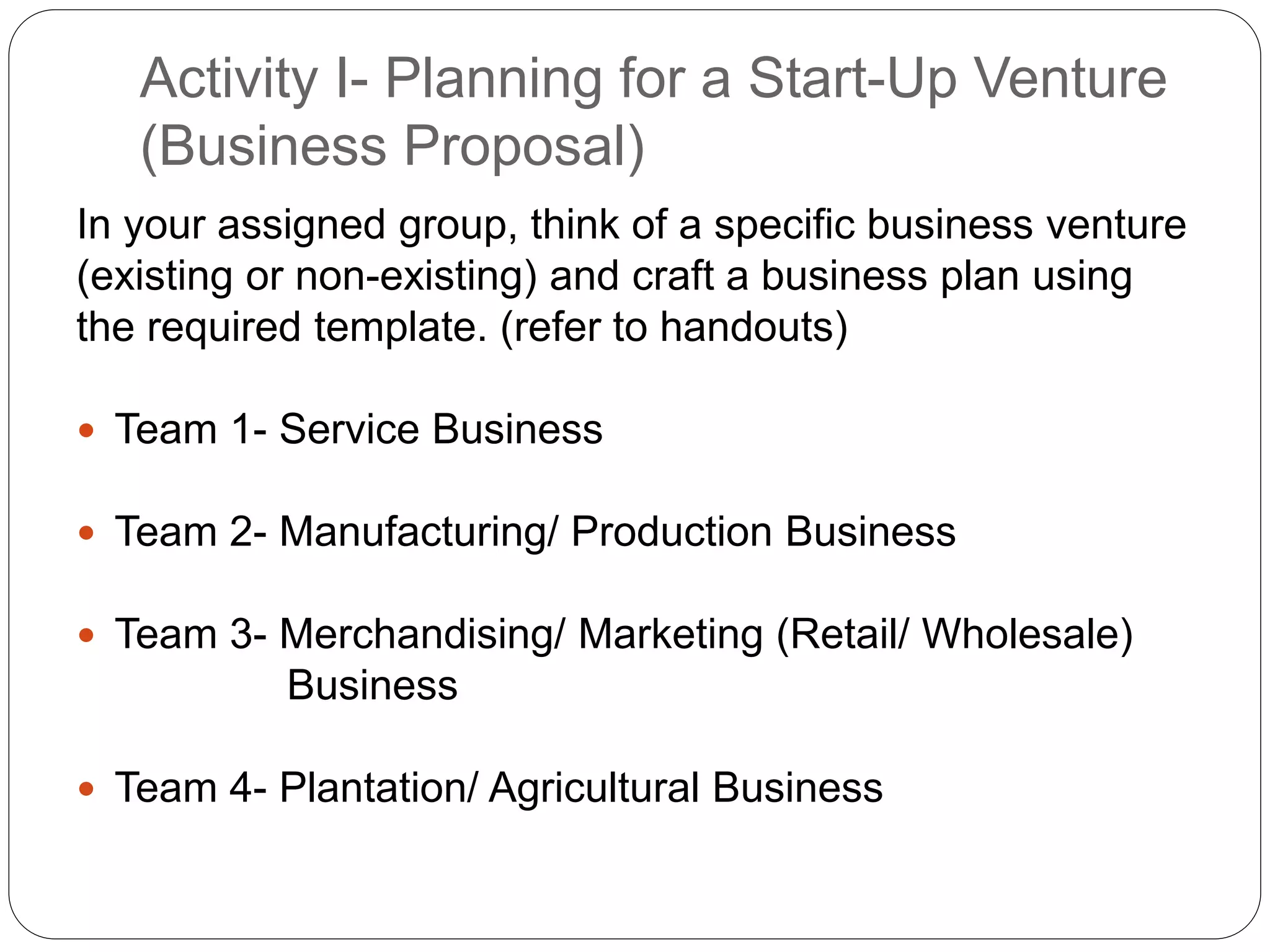 Business Planning (Business Plan for a Start-Up Venture) | PPT