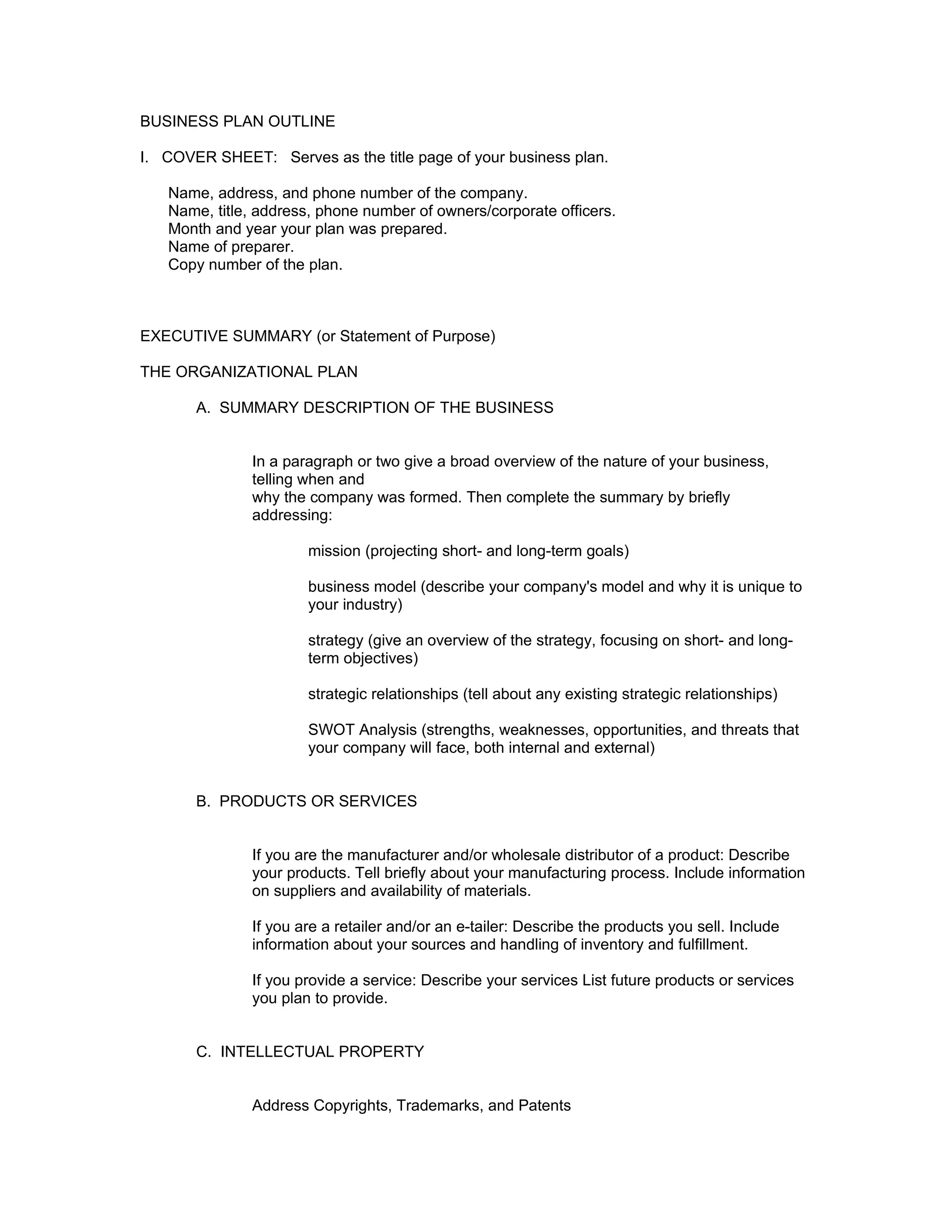 Business plan outline | DOC