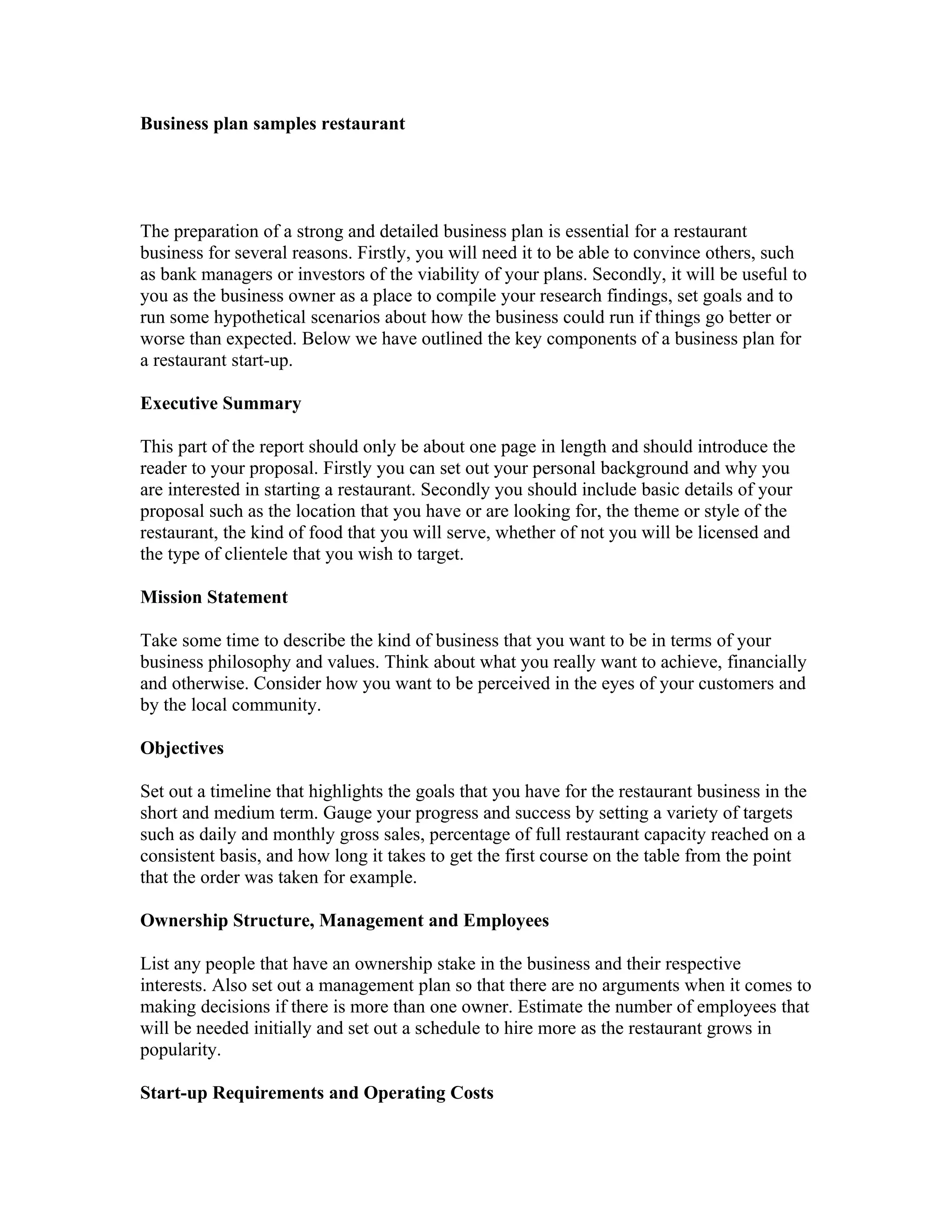 Business plan samples restaurant | PDF