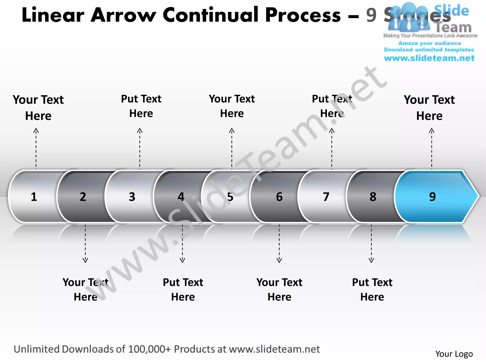 Business power point templates linear arrow continual process 9 phase ...