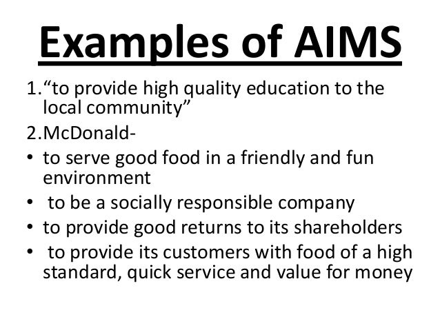 Mission statement, vision statement and aim