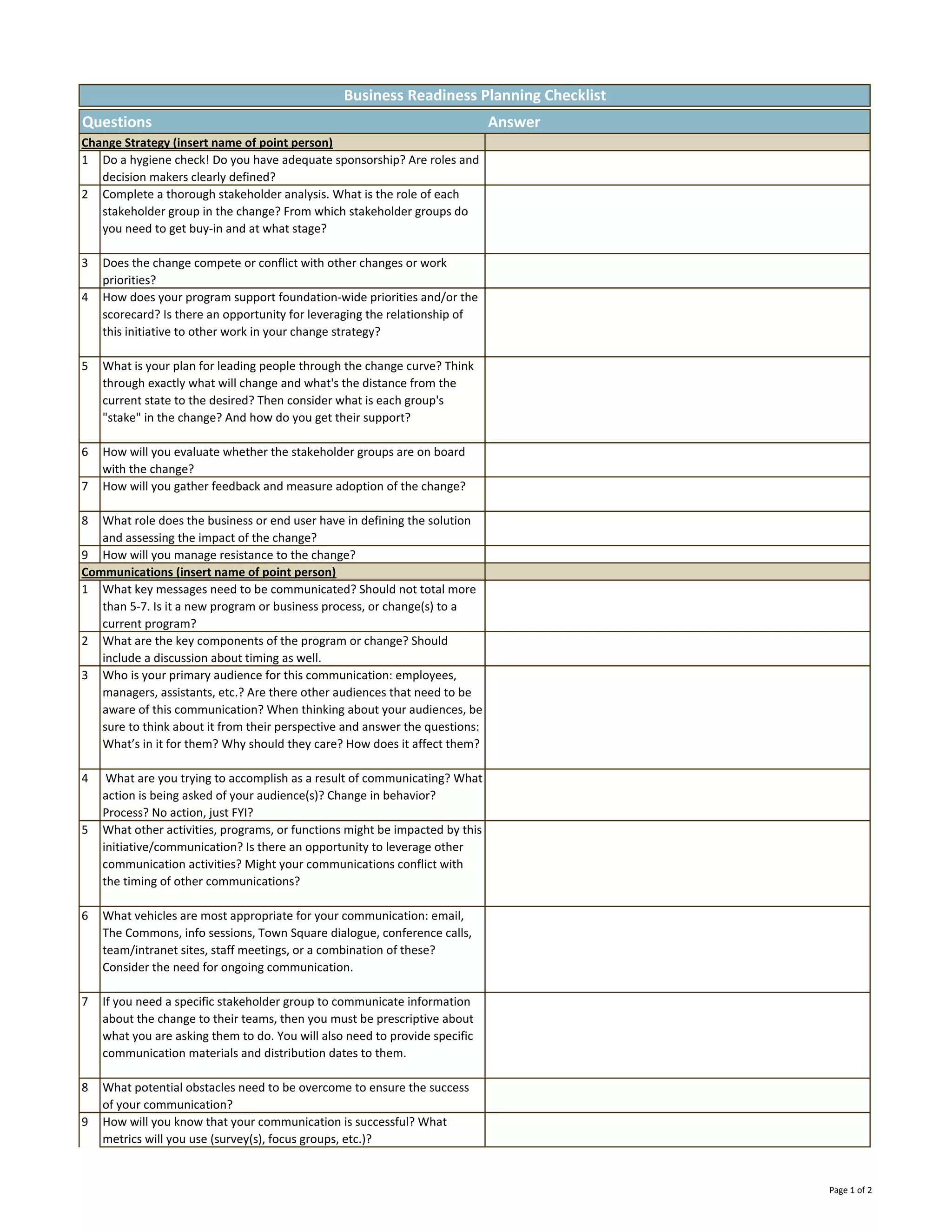 Business Readiness Planning Checklist | XLSX