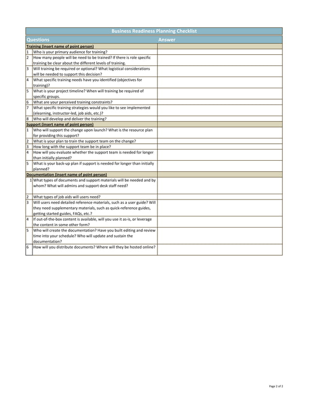 Business Readiness Planning Checklist | XLSX | Business | Business and ...