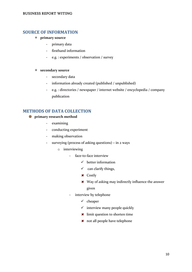 Business report writing notes | DOCX | Business | Business and Finance