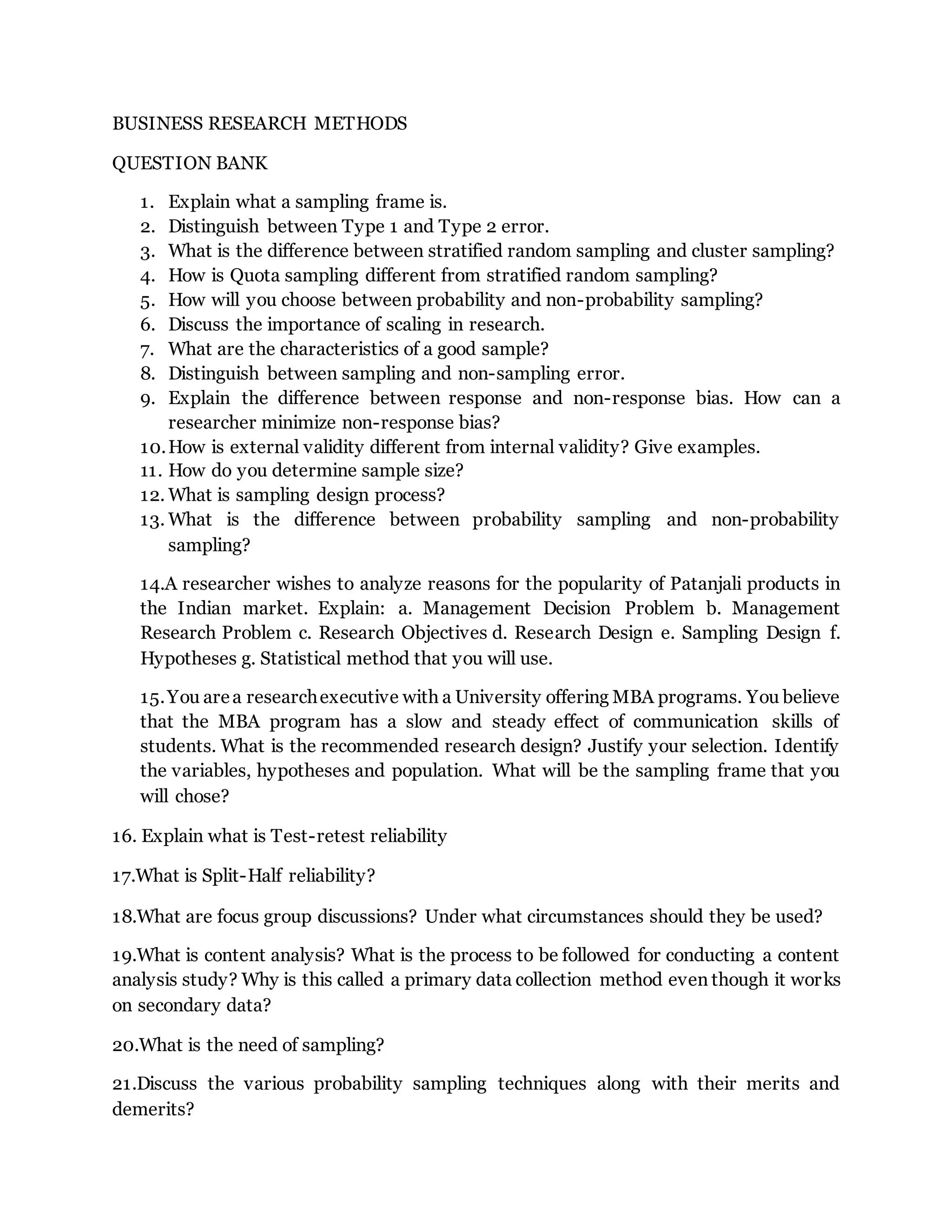 Business research methods - Question Bank | DOCX