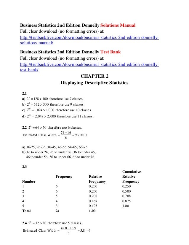Business Statistics 2nd Edition Donnelly Solutions Manual 