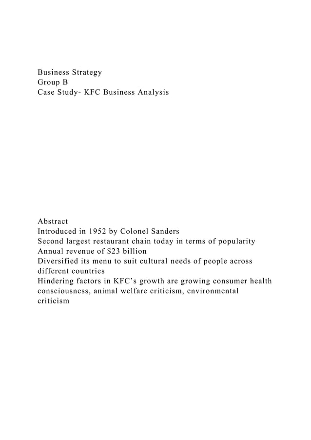 Business StrategyGroup BCase Study- KFC Business Analysis.docx | Business Administration | Business