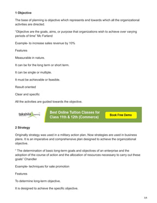 Business studies class 12 notes - what are the types of plans | PDF