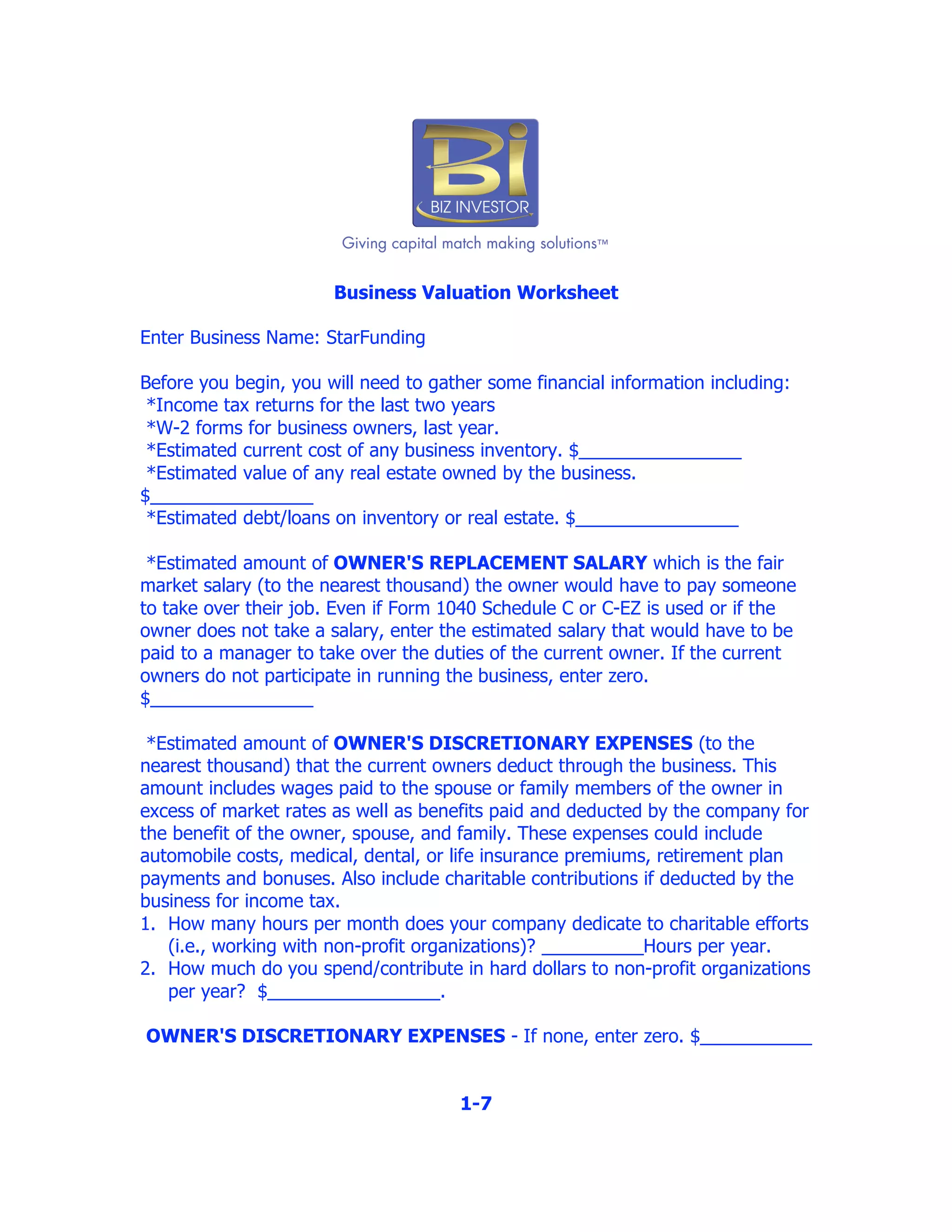 Business Valuation Worksheet | PDF