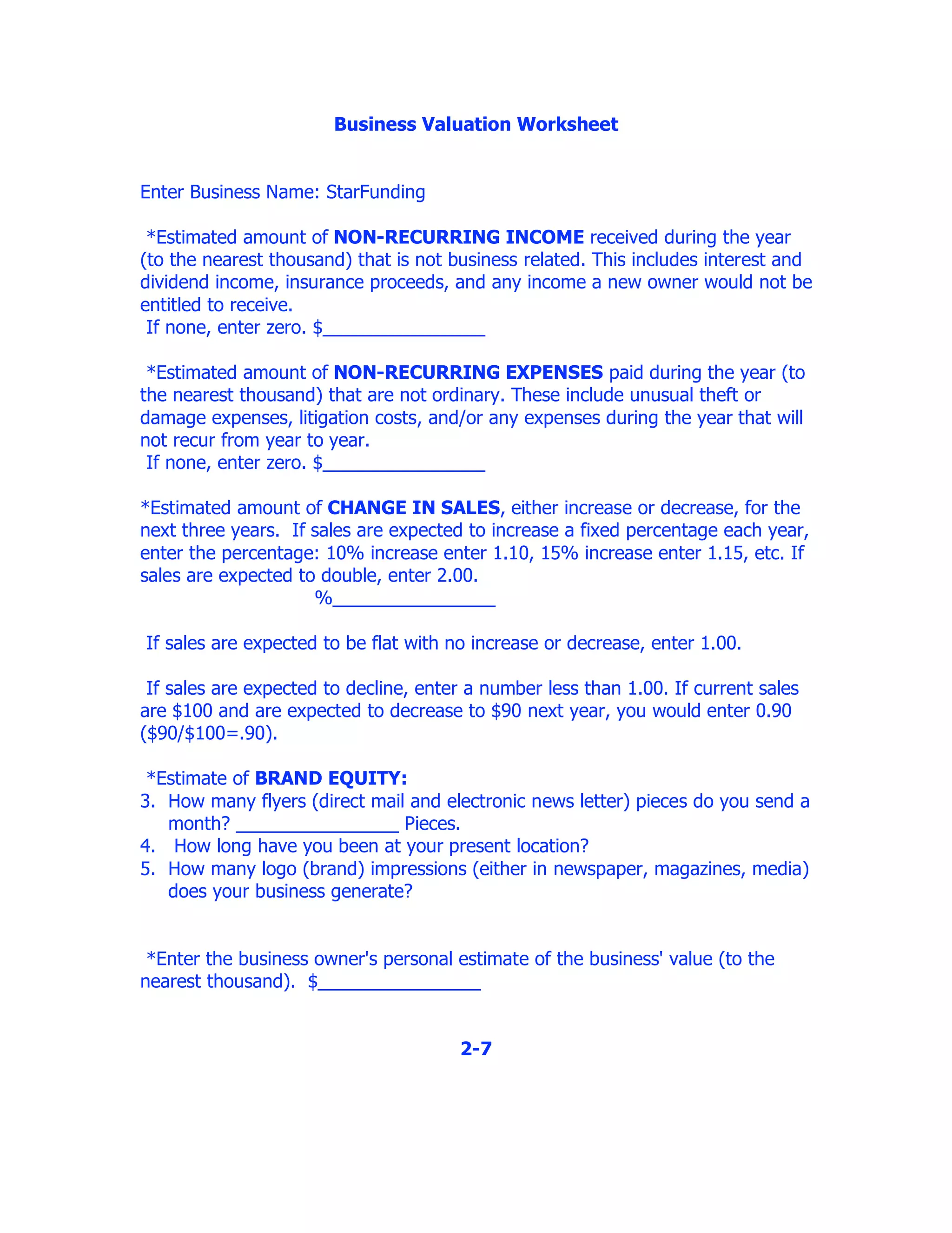Business Valuation Worksheet | PDF