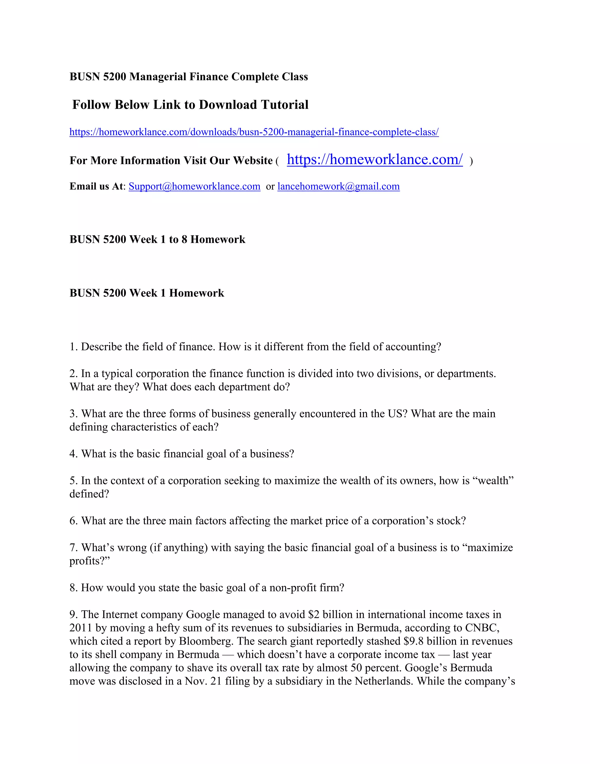 Busn 5200 managerial finance complete class | PDF