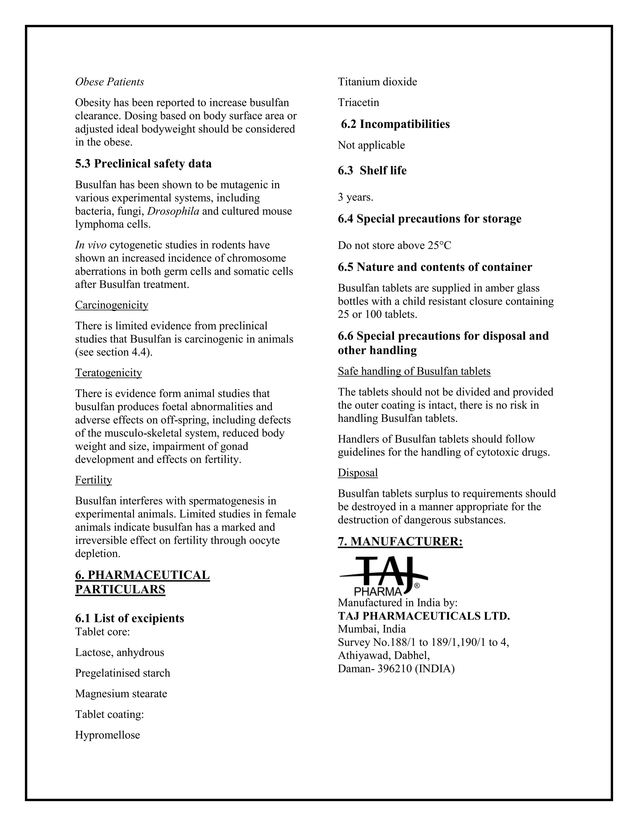 Busulfan 2 mg tablets smpc taj pharmaceuticals | PDF