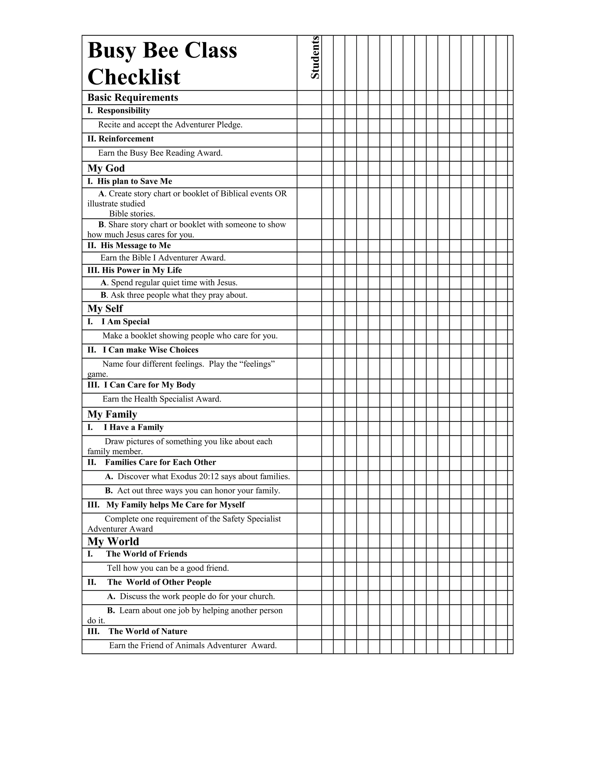 Busy bee class checklist | DOC