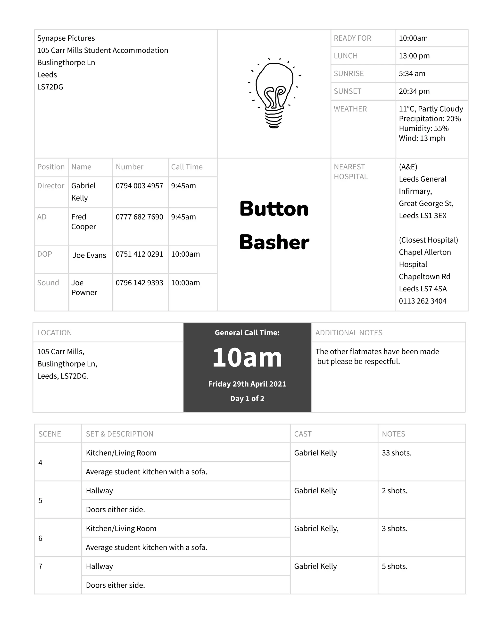 Button Basher Call Sheet | PDF