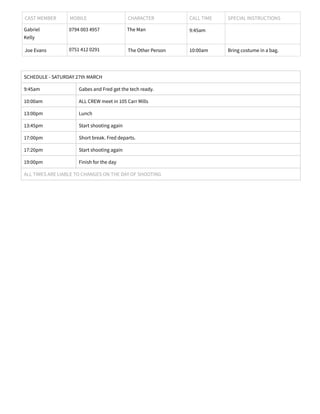 Button Basher Call Sheet | PDF