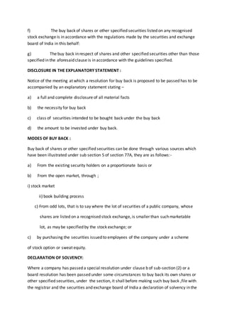 Buy back of securities | DOCX | Stocks and Bonds | Personal Investing