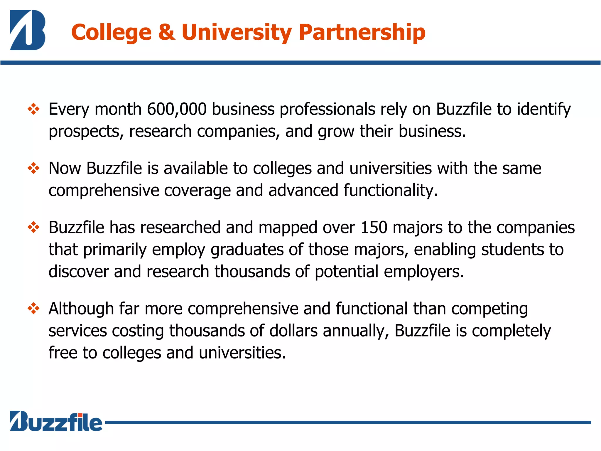 Buzzfile college & university partnerships | PPT