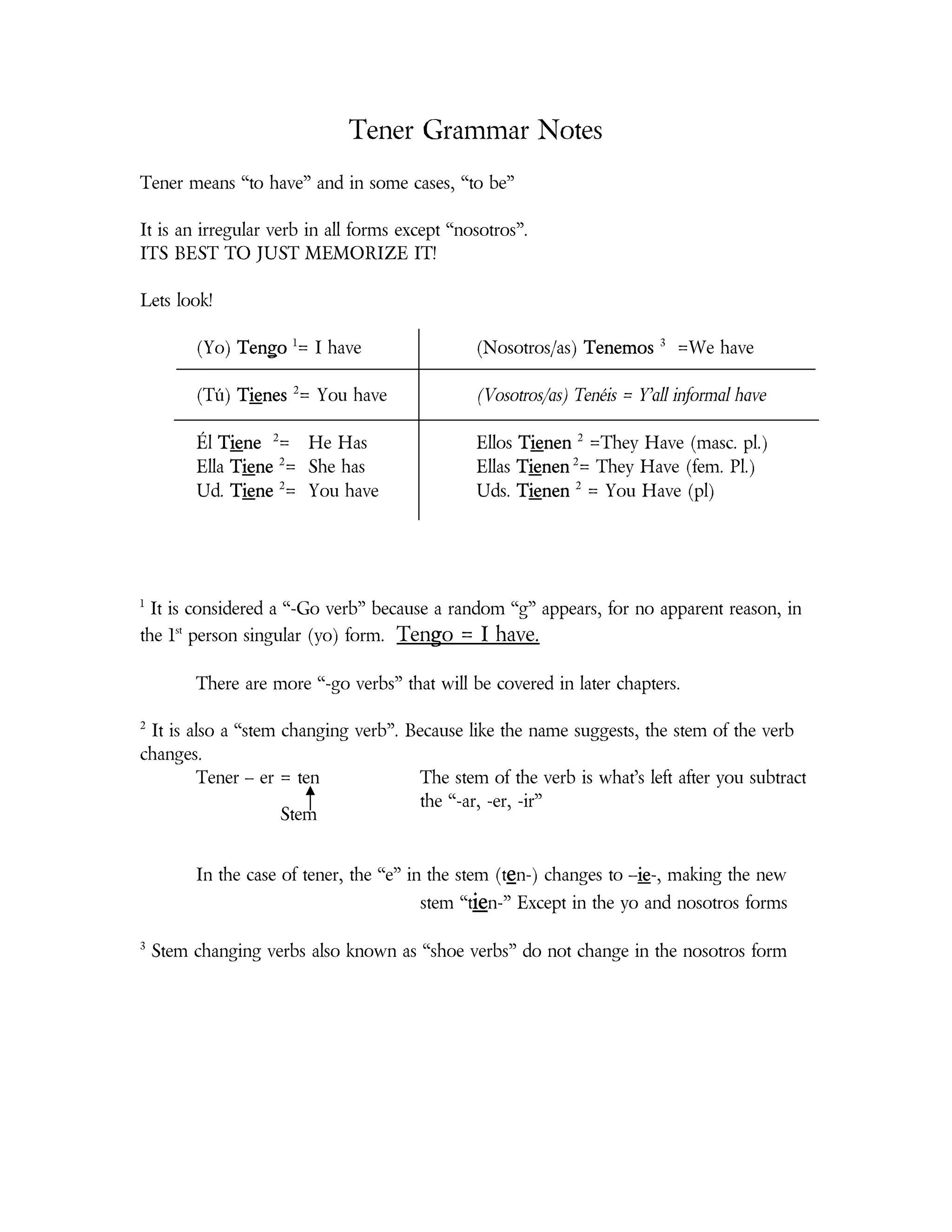 tener and tener que - notes | DOC