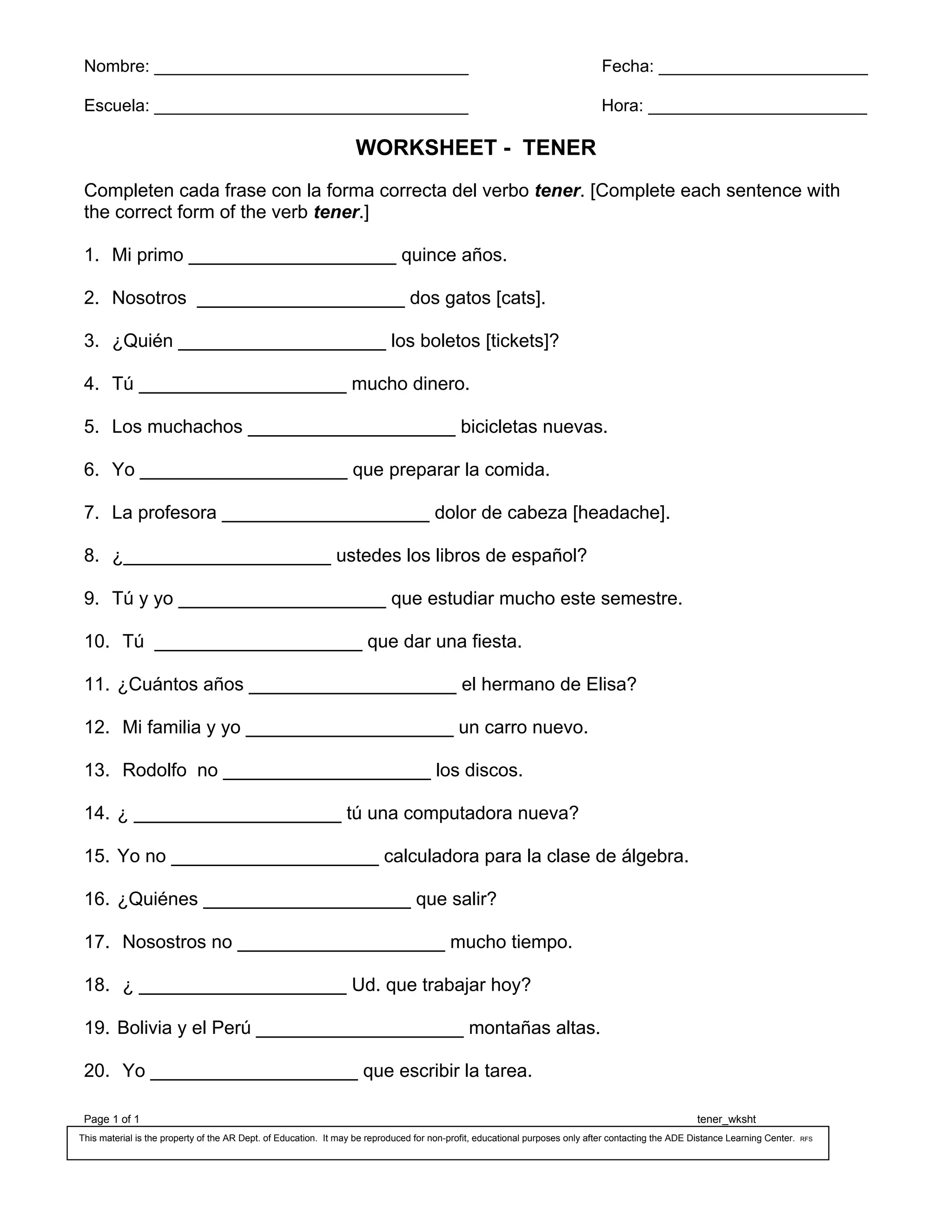 tener practice worksheet | PDF