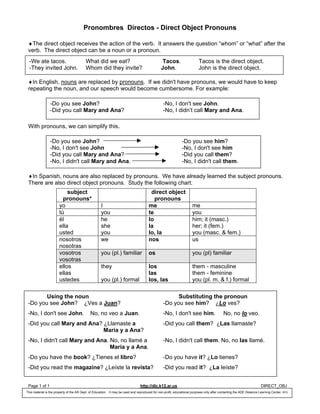 Direct Object Pronouns Spanish Worksheet