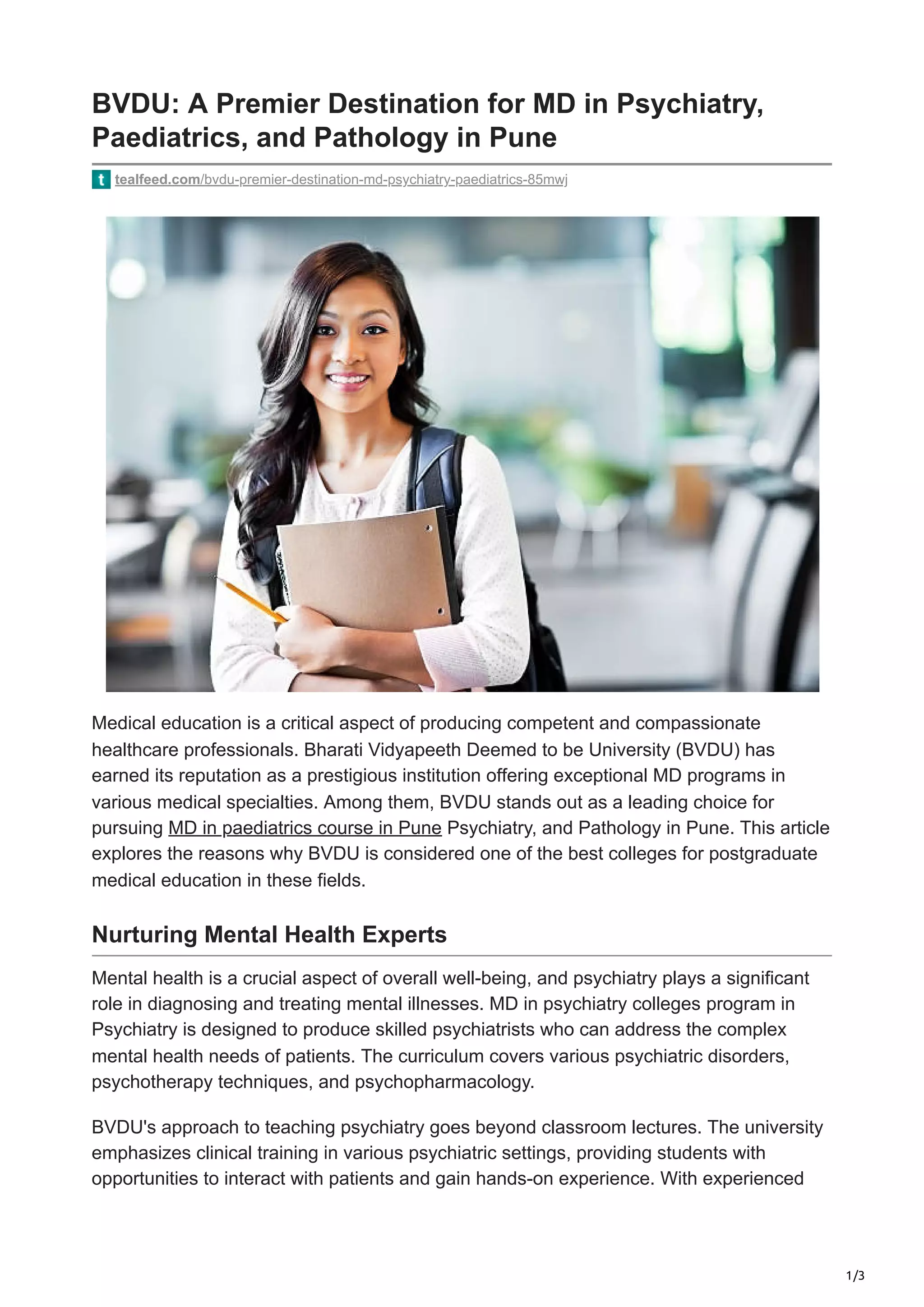 BVDU: A Premier Destination for MD in Psychiatry, Paediatrics, and Pathology in Pune | PDF