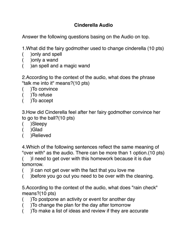 Cinderella Quiz Audio 1 | PDF
