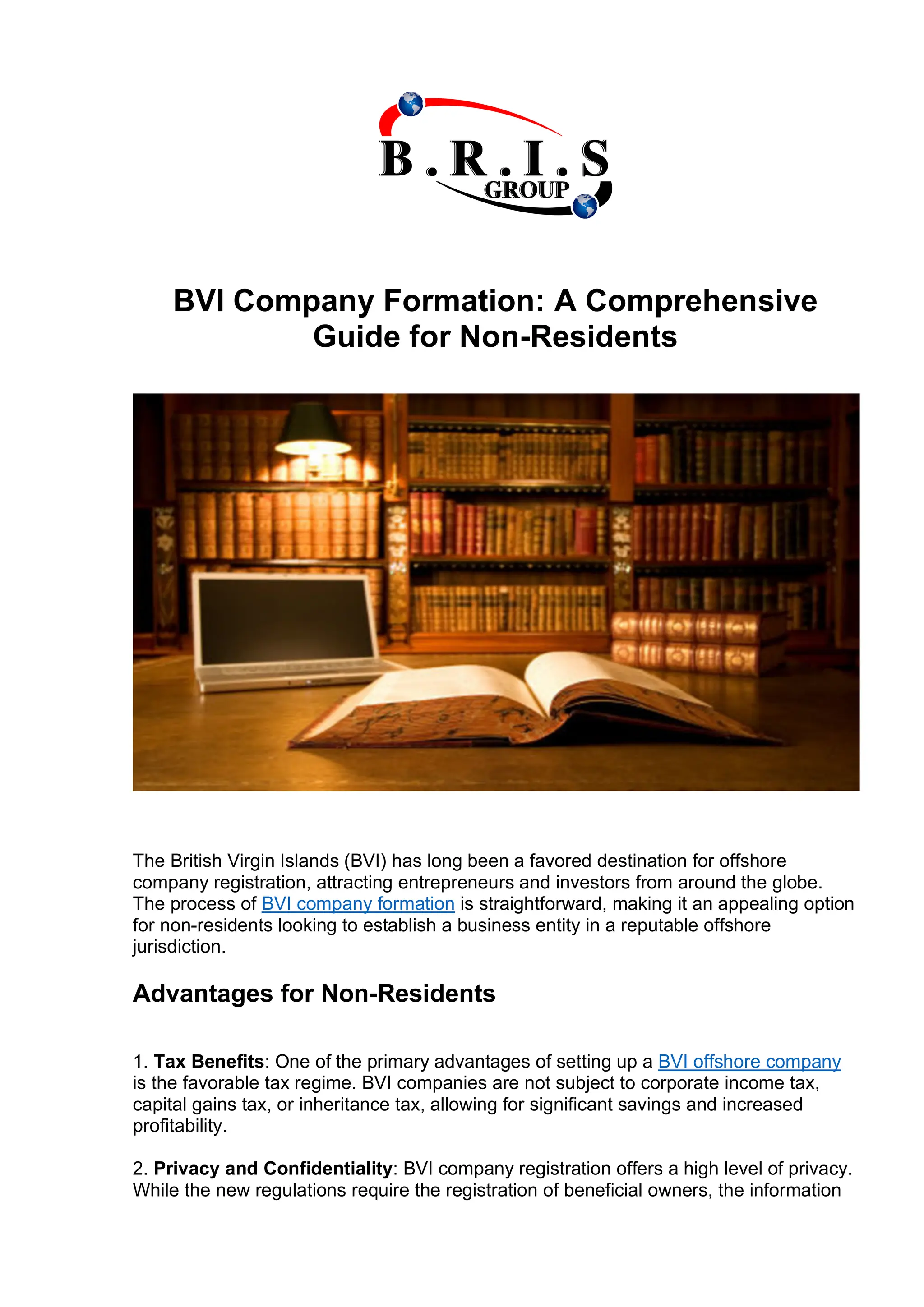 BVI Company Formation: A Comprehensive Guide for Non-Residents | PDF