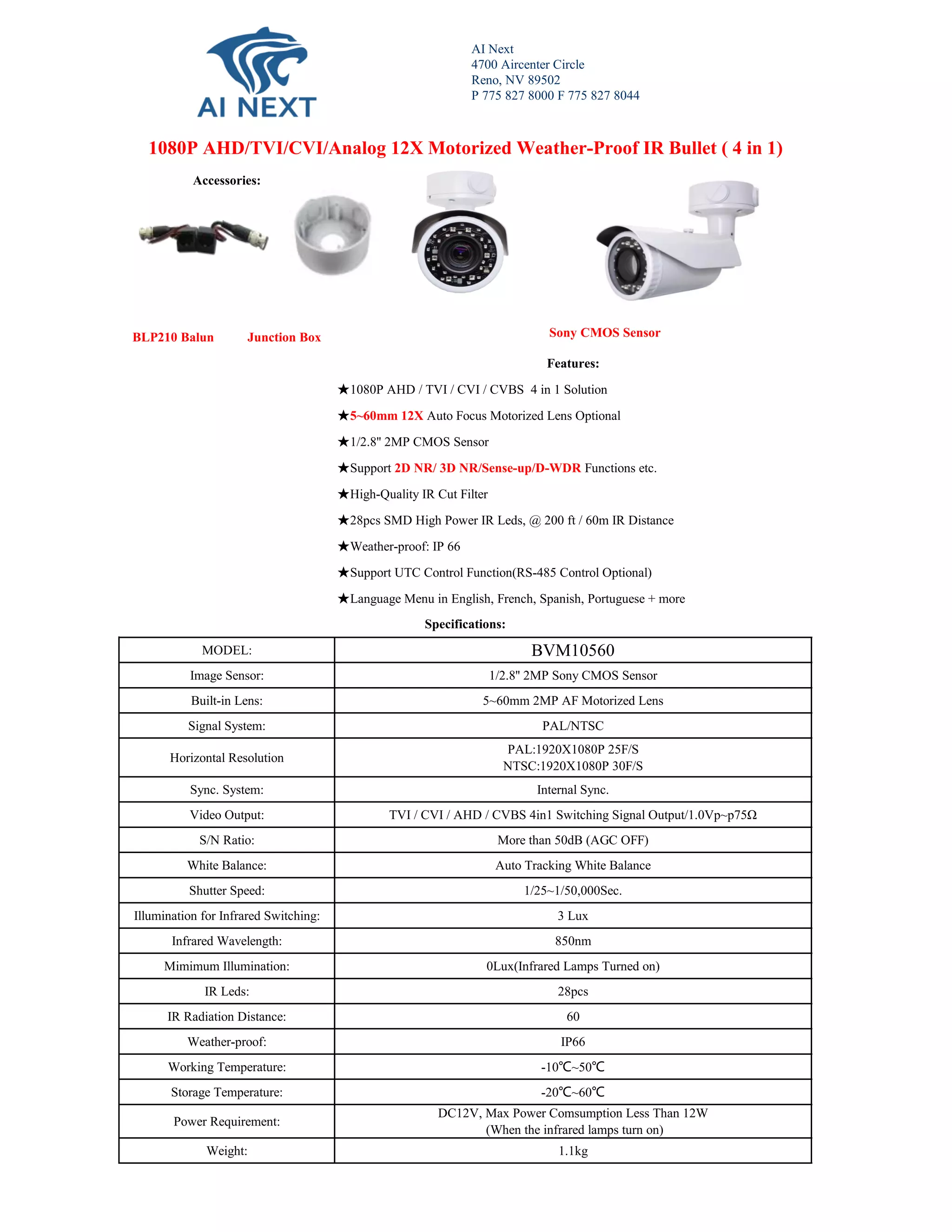 BVM10560 Motorized 5-60mm 12x 200ft IR bullet specIfications / AHD-TVI ...