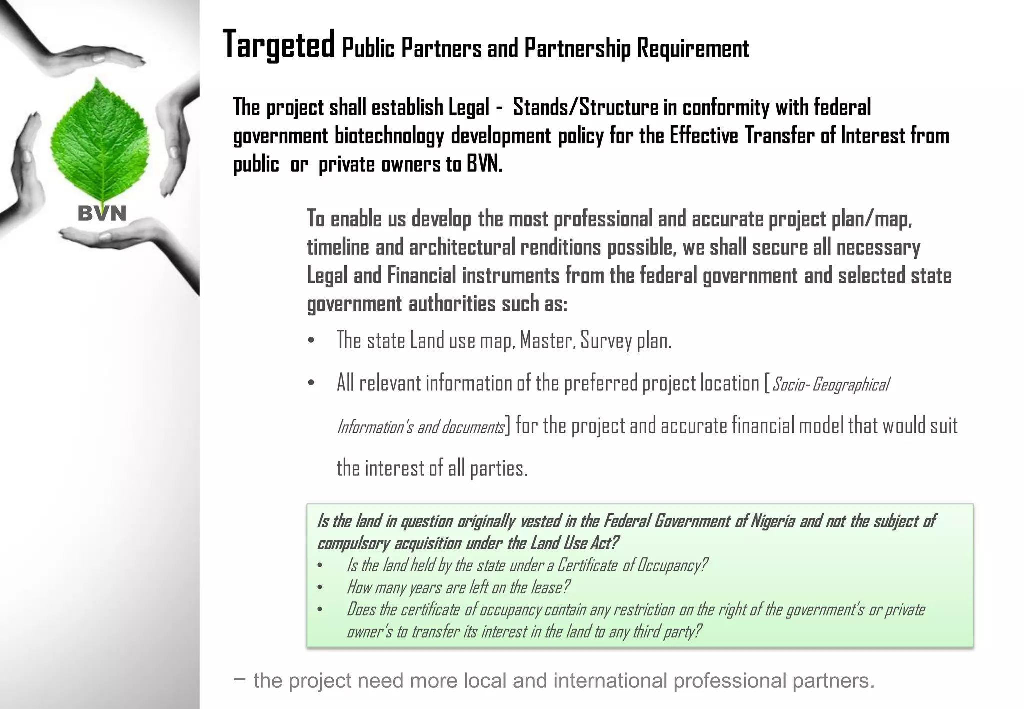 Biotechnology Village Nigeria P P partnership modality and application ...