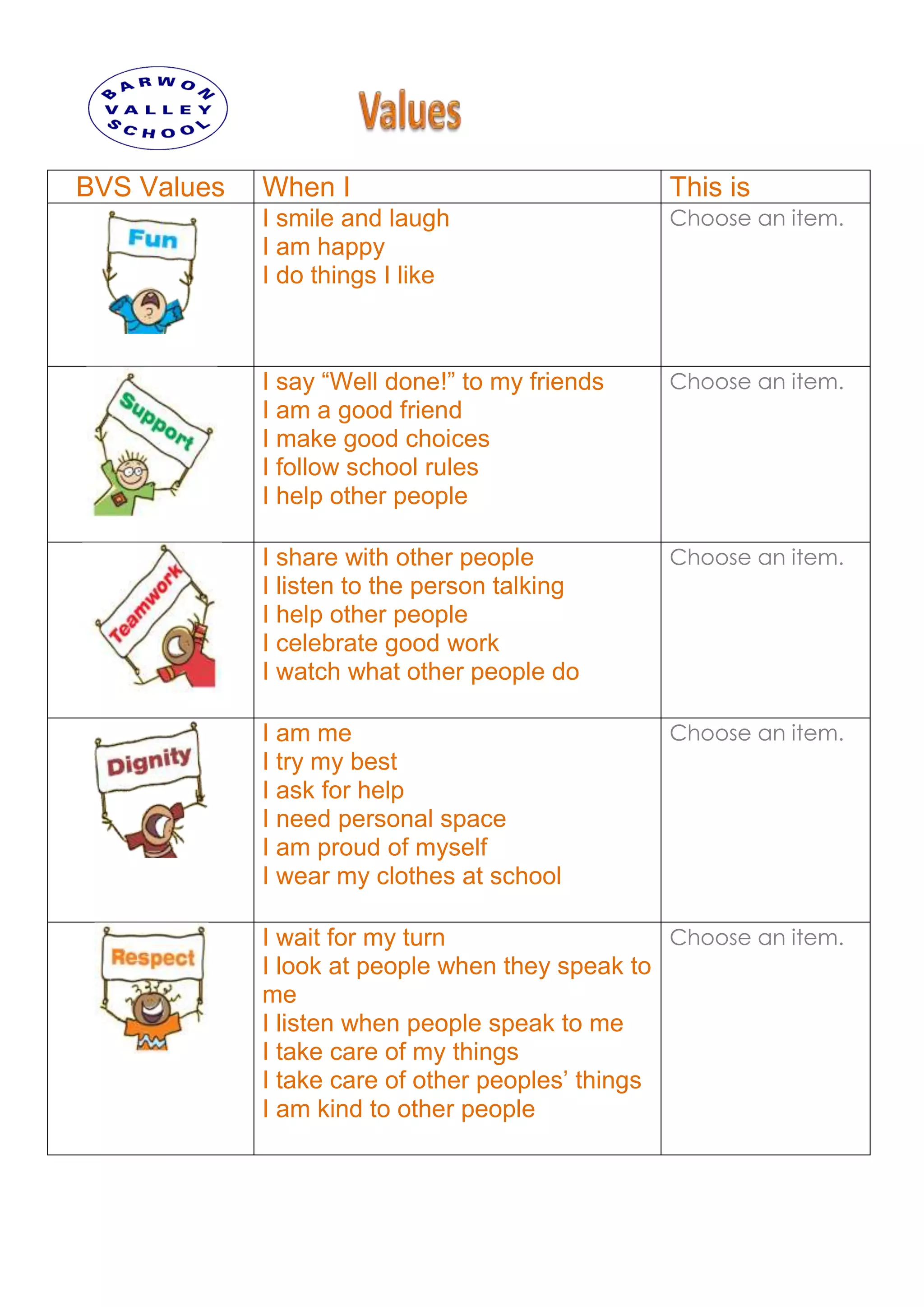 Bvs values choosing activity | DOCX