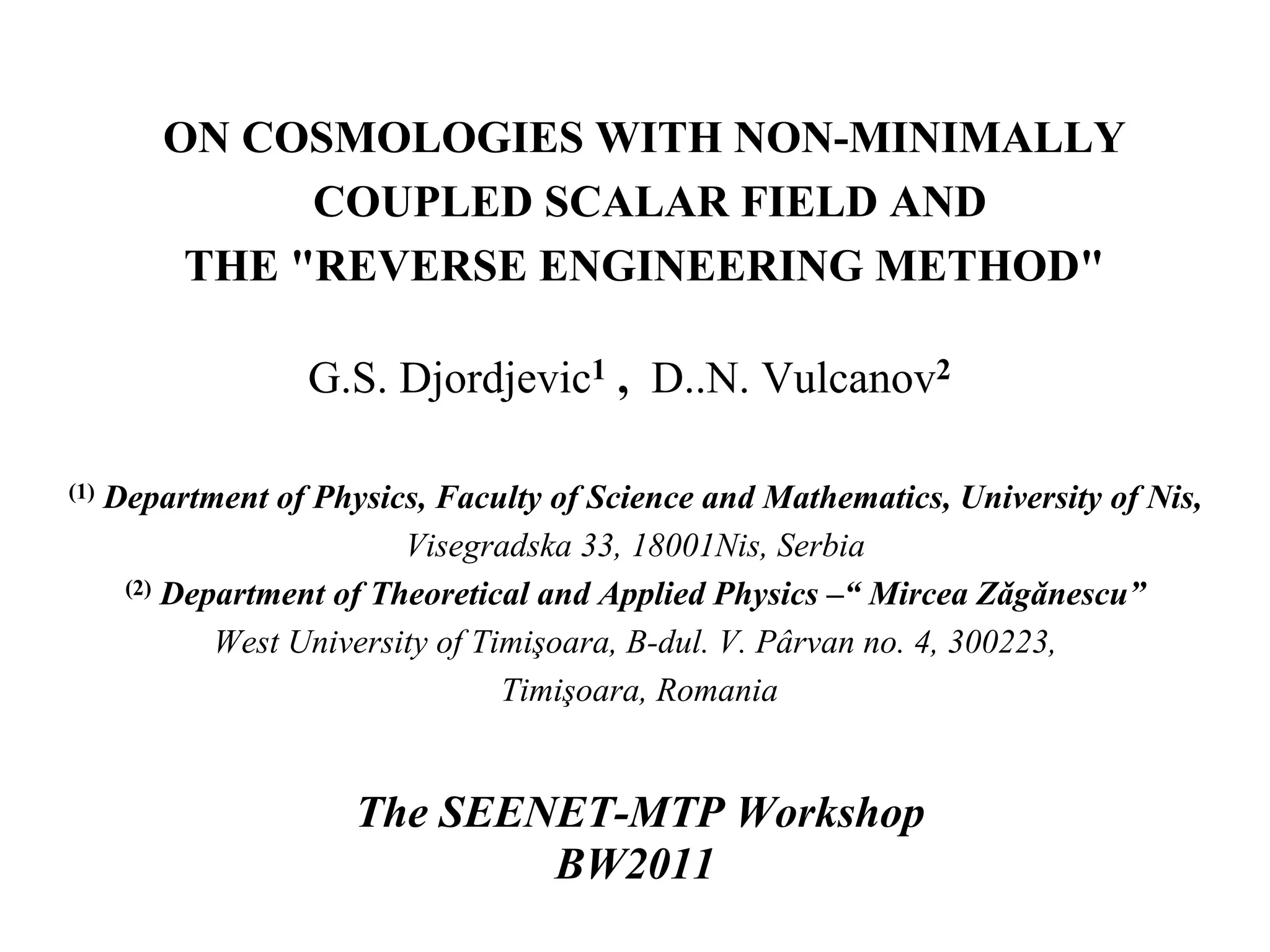 D. Vulcanov - On Cosmologies with non-Minimally Coupled Scalar Field and the "Reverse ...