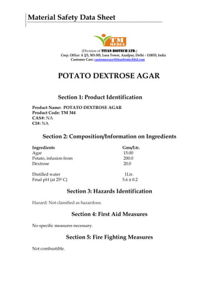 TM Media Potato Dextrose Agar | MSDS | PDF