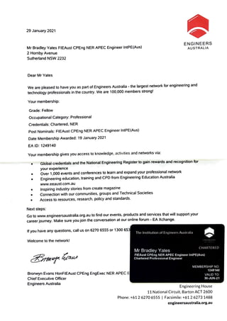 IEAust, Engineers Australia, Fellow Membership, Confirmation Letter, 29 ...