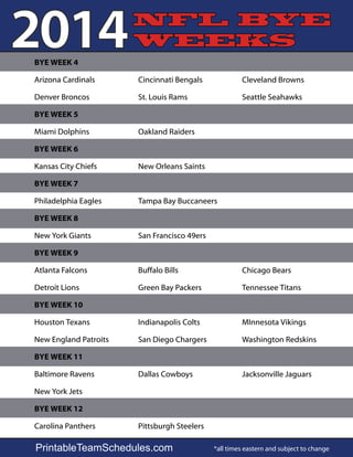 NFL Bye Weeks 2014 | PDF | American Football | Sports